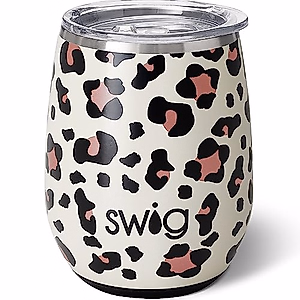 Swig Life 14oz Stemless Wine Cup, Insulated Wine Tumbler with Lid, Stainless Steel Travel Tumbler (Luxy Leopard)