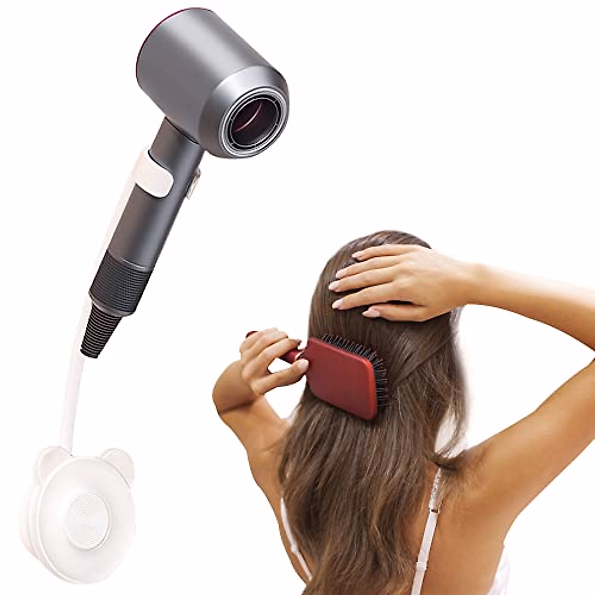 Adjustable Hands Free Hair Dryer Holder Stand - 360 Degree Rotation Blow Dryer Rack for Hair Drying, Universal Modern Wall Mounted Hair Dryer Bracket, White