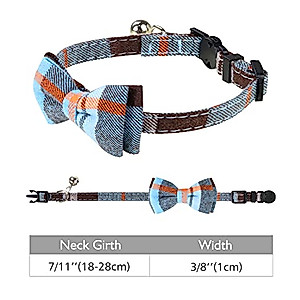 Joytale Updated Breakaway Cat Collar with Bow Tie and Bell, Cute Plaid Patterns, 1 Pack Girl Boy Kitty Safety Kitten Collars, Haze Blue