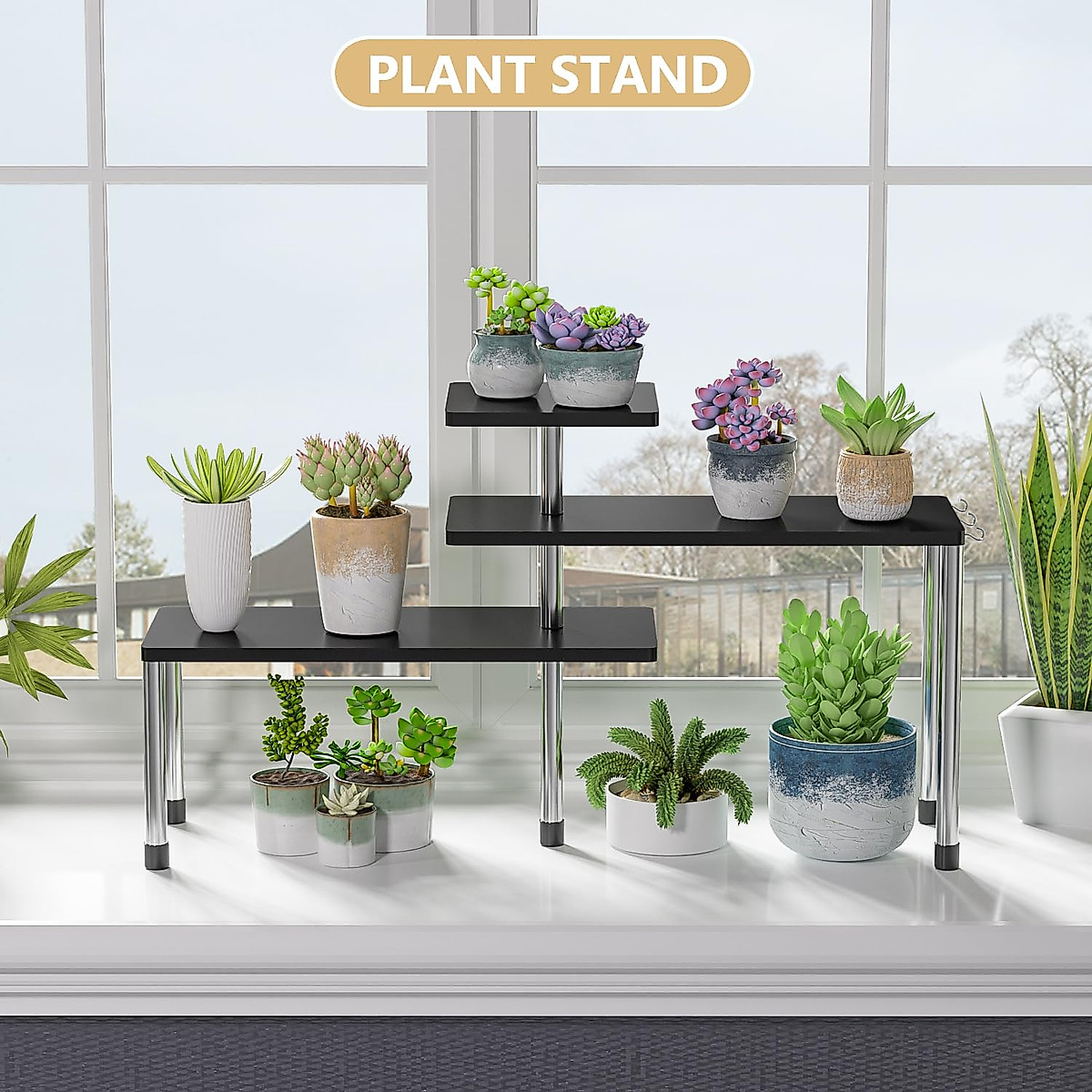 Hellojin Countertop Organizer, 3 Tier Moveable Corner Shelf for Kitchen Counter, Bathroom, Bamboo Spice Rack, Coffee Area, Sink Corner Counter Shelf, Dresser Table with Hooks (Black)