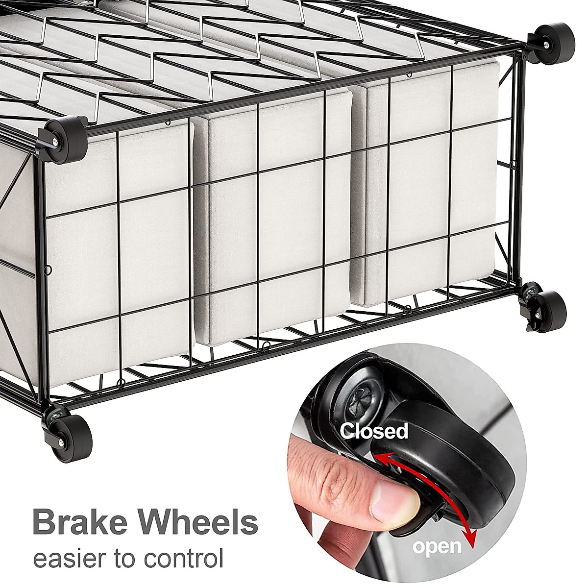 WOWLIVE Laundry Basket with Wheels, 142L Laundry Hamper 3 Section with Lid, Dirty Clothes Hamper with Removable Bags, Large Capacity Iron-Made Laundry Basket Organizer Laundry Sorter for Dorm, Beige