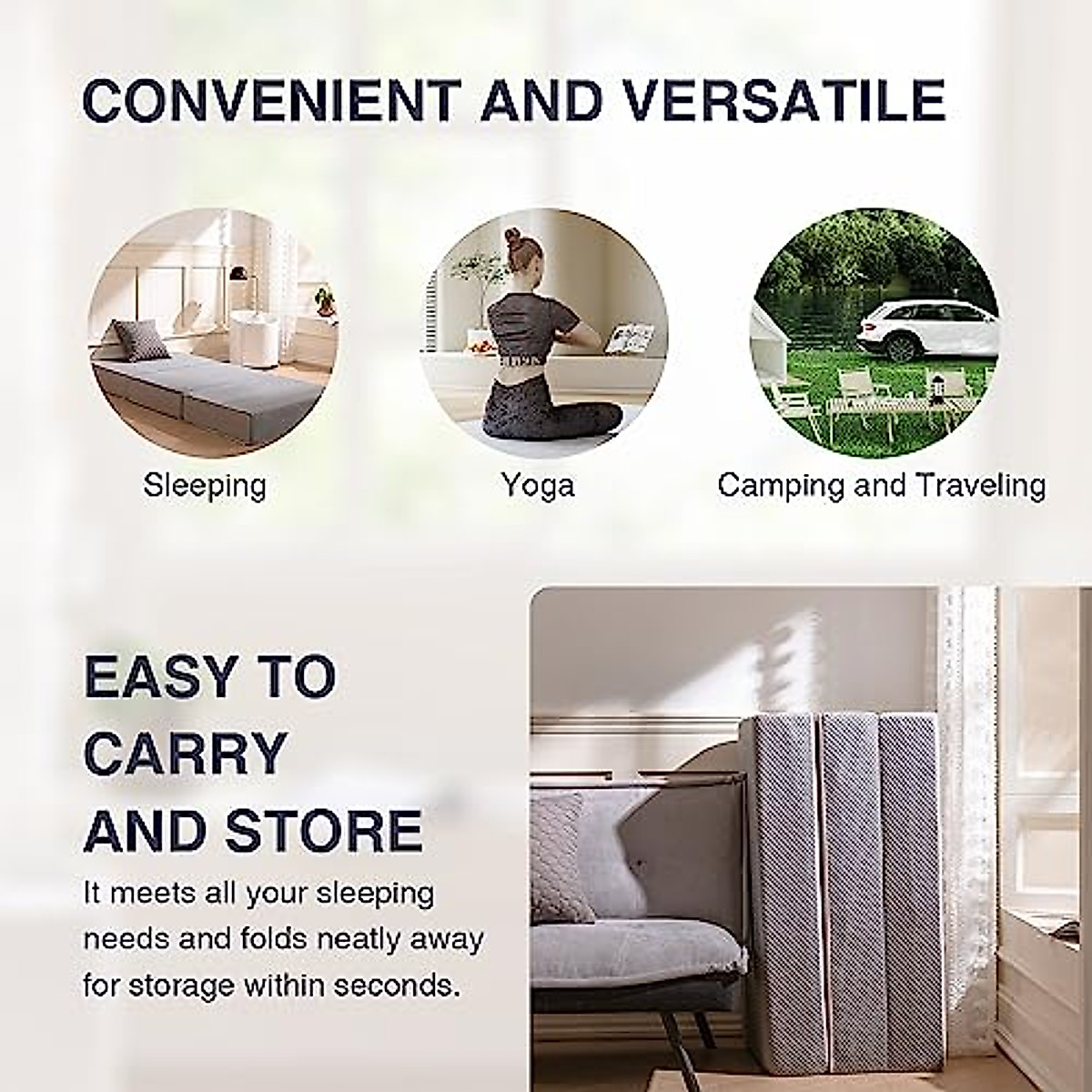 Dyonery Folding Mattress, 6 Inch Queen CertiPUR-US Certified Memory Foam Foldable Camping Mattress with Washable Cover, 80"×60"×6", Grey