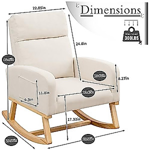 HOMYKA Rocking Chair Nursery Upholstered Glider Chair with Rubber Wood Legs Side Pocket, Rocker Accent Armchair for Living Room,Beige