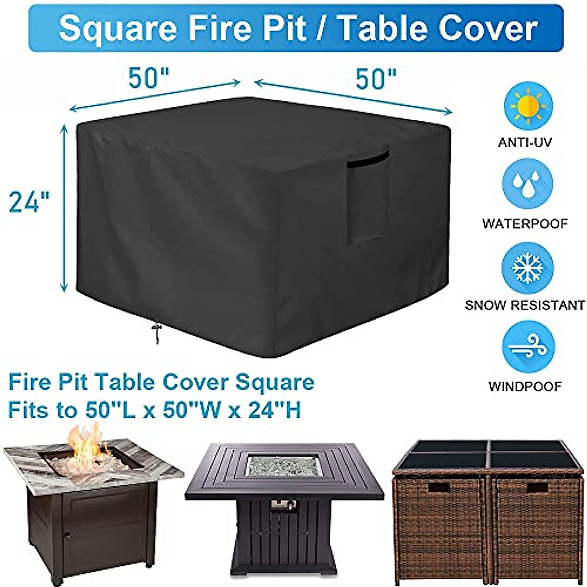 Westeco Fire Pit Cover Square 50 Inch Heavy Duty Waterproof Patio Table with PVC Liner Fits for 46/48/50 Gas Large 50In Firepit Outdoor, Black, 50InL x 50InW x 24InH