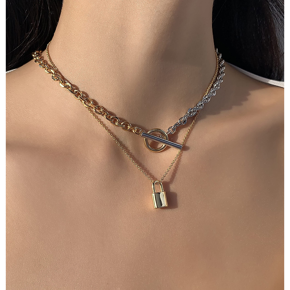 BAMERAL 18K Oval Link Chain Choker Paperclip Necklace Toggle Clasp Silver Rope Chain Short Layering Necklace Jewelry for Women 16''