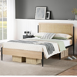 Queen Size Bed Frame with Rattan Headboard, Rattan Queen Bed Frame Platform with Rounded Corner Headboard, Queen Bed Frame Under Bed Storage Headboard, No Box Spring Needed, White Oak (Queen)