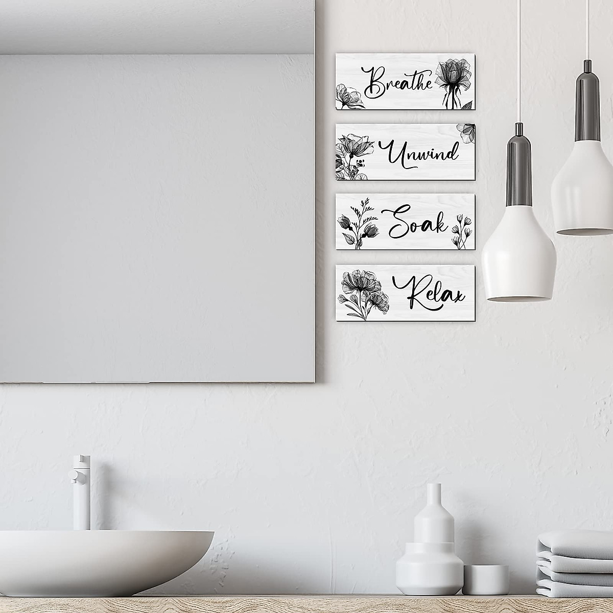 4 Pieces Bathroom Wall Art Rustic Farmhouse Decor Sign Relax Soak Unwind Breathe Wood Hanging Sign for Home Spa Bathroom Laundry Decor