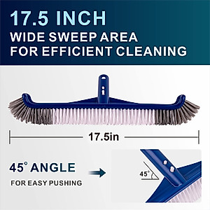 POOLAZA Pool Brush, 17.5" Pool Brushes for Cleaning Pool Walls, Premium Nylon Bristles Pool Brush Head with EZ Clip, Curved Ends High-Efficiency Pool Scrub Brush