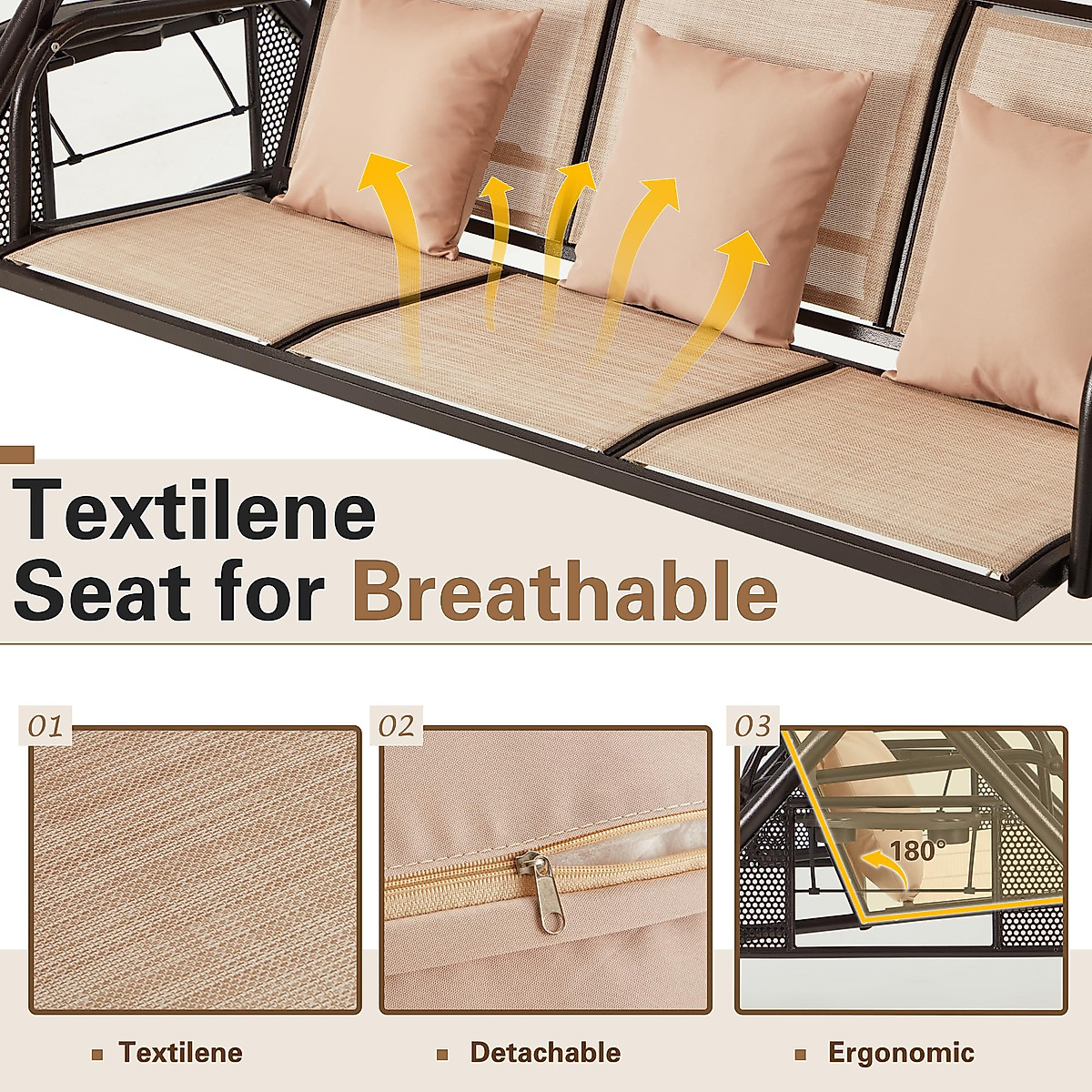 HOMREST Outdoor Porch Swing with Adjustable Canopy, Backrest, 3-Person Patio Canopy Swing Textilene Bed with Side Cup Holder, Pillow for Garden, Deck, Back Yard, Lawn (Khaki)