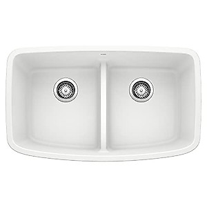 BLANCO, White 442199 VALEA SILGRANIT 50/50 Double Bowl Undermount Kitchen Sink with Low Divide, 32" X 19"