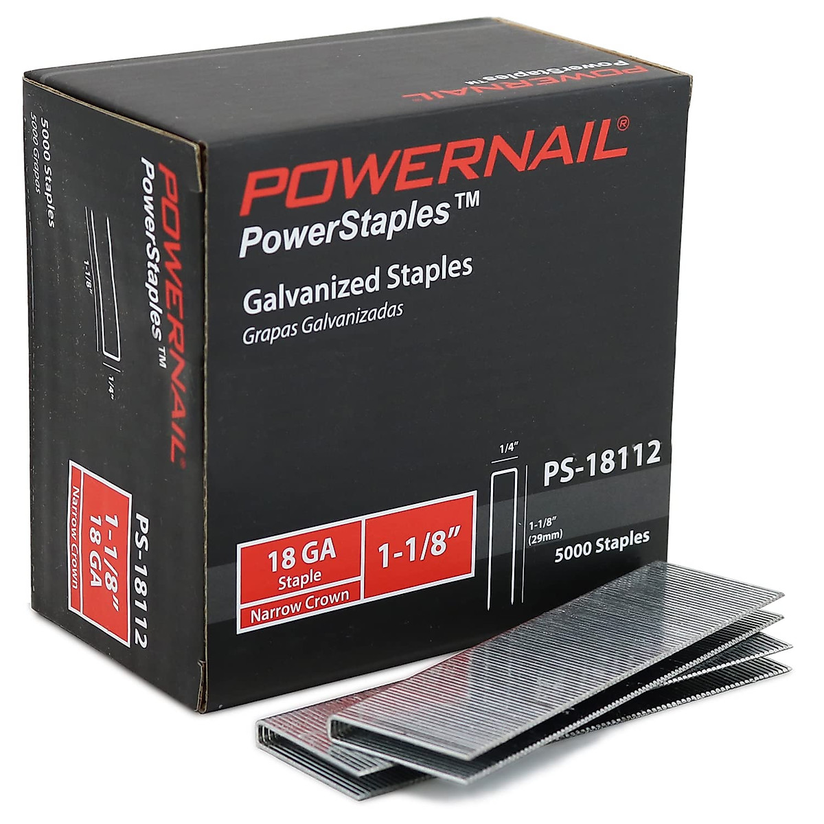 Powernail PS18112 18 Gauge 1/4 Inch Crown 1-1/8 Inch Length Chisel Point Narrow Crown Staples (Case, 30000ct)