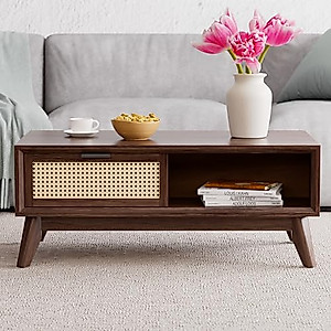 Bme Modern Solid Wood Coffee Table with Storage, Accent Rattan Design, Perfect for Living Room, Walnut, Medium