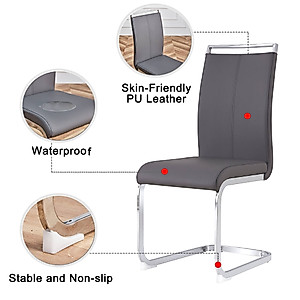 Modern 5-Piece Round Marble Dining Table with 4 Gray Upholstered PU Leather Dining Chairs Set, Circular Marble Texture Dining Table with Gold Pedestal and Printed Marble Top for Dining Kitchen