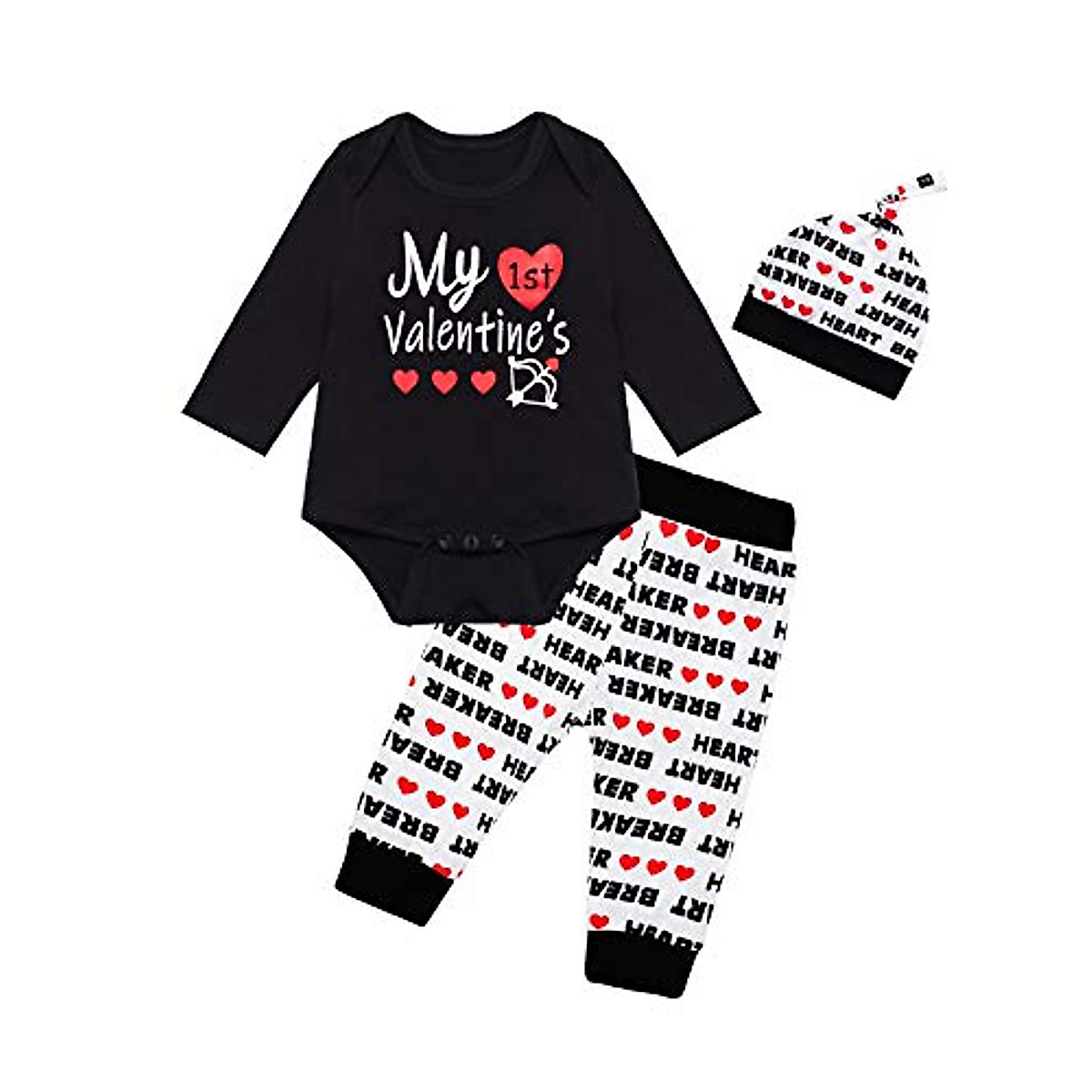 Catmama 3PCS Baby Boys Girls My First Valentine's Long Sleeve Heart Breaker Pants with Hat (Black-Long Sleeve, 6-12 Months)