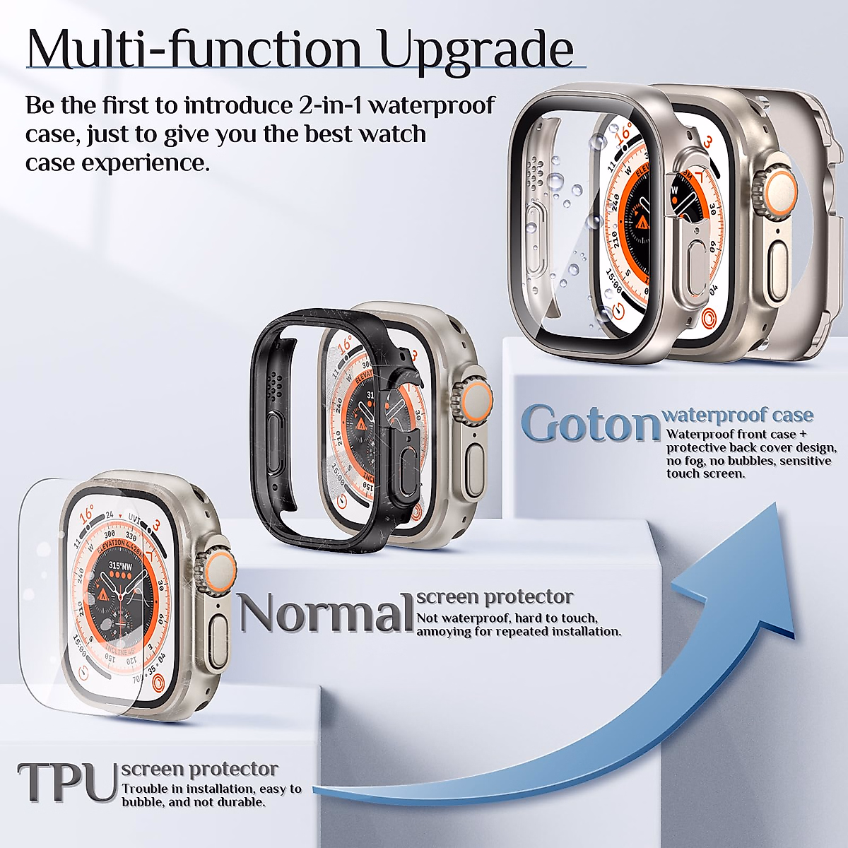 Goton 2 in 1 Waterproof Case for Apple Watch Ultra Ultra 2 2024 Screen Protector 49mm, 360 Protective Glass Face Cover Hard PC Bumper + Back Frame for iWatch Ultra Accessories 49 mm, Titanium