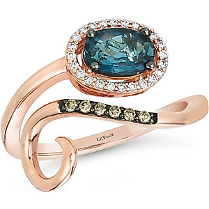 LE VIAN 1/8 Carat Diamond and Oval Blue Topaz Bypass Ring for Women in 14k Rose Gold (G-H/Fancy Brown, VS2-SI1, cttw) Anniversary Promise Ring Size 7