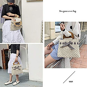 QTKJ Boho Women's Summer Beach Straw Crochet Bag, Hand-Woven Hollow Out Cotton Tote Bag Purse with Bow (White)