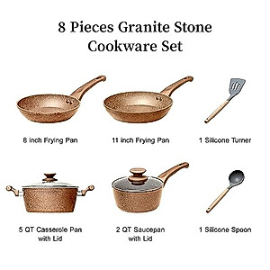 Innerwell Pots and Pans Set, 8 Pieces Non Stick Cookware Set, Gold Granite Stone Nonstick Cookware Set, Induction kitchen Cookware Sets, Cooking Set W/Frying Pan, Saucepan, Casserole, PFOA&PFAS Free