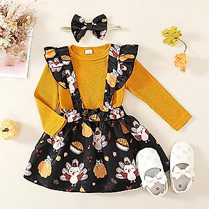 Kucnuzki 1 Year Old Girl Clothes Baby Girl First Thanksgiving Outfit Ruffled Infant Long Sleeve Romper Orange Suspender Dress Skirt Set Baby Clothes Girl 12-18 Months