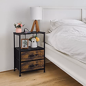 Vrisa Nightstand with Charging Station Black Bedside Table Fabric Drawers End Table with Open Shelf Night Stand with USB Port and AC Outlet for Bedroom