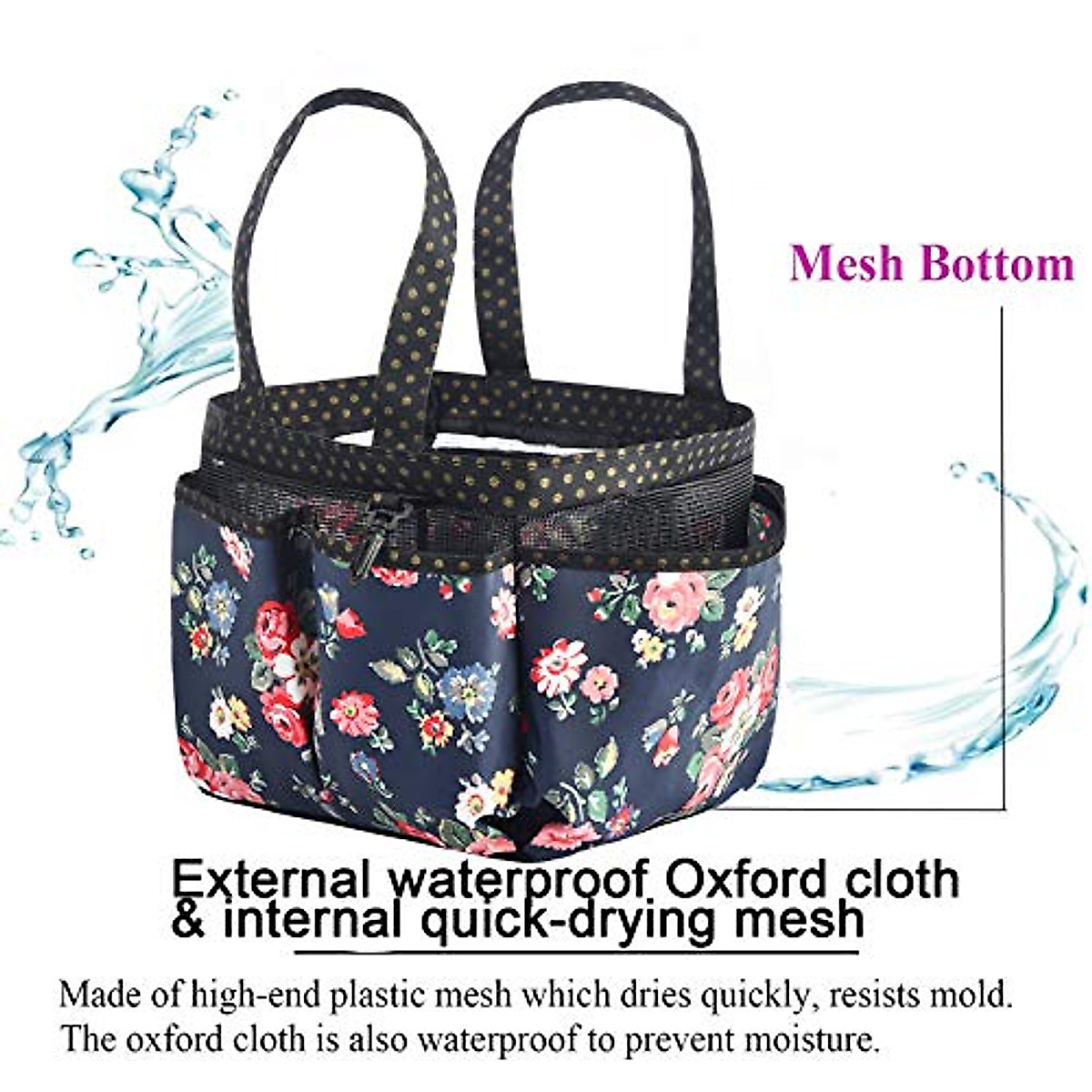 NINU Portable Mesh Shower Caddy Bag, Travel Shower Basket Tote for Bathroom Accessories, College Dorm Room Essentials- Flower Design