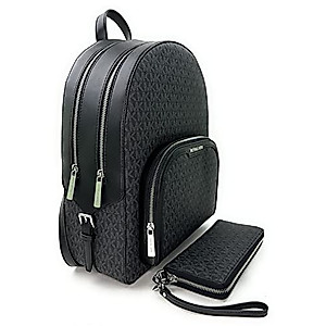 Michael Kors Jaycee Large Backpack School Bag Bundled JST Continental Wristlet Wallet (Black Signature)