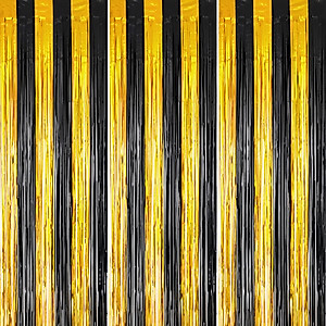 Merear Backdrop for Party Decorations, 3 Pack Black and Gold Foil Fringe Curtains Party Decor 8.2 * 3.3 FT Tinsel Streamers Birthday Party Decorations Photo Fringe Backdrop for Party, Graduation
