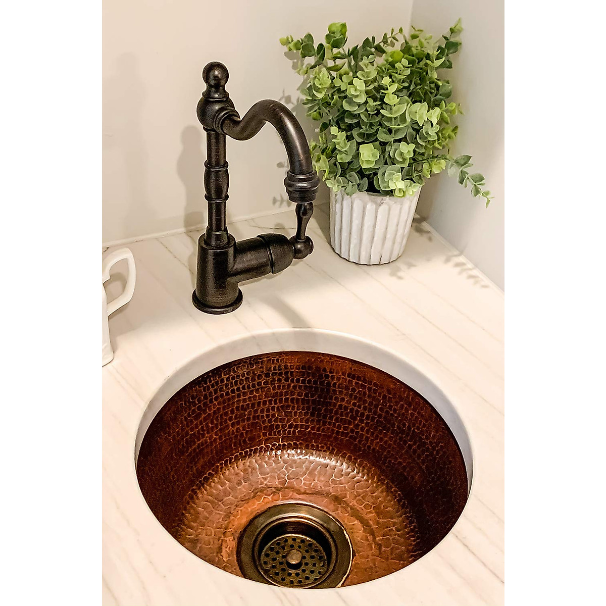 Premier Copper Products BR14DB3 14-Inch Universal Round Hammered Copper Sink with 3.5-Inch Drain Size, Oil Rubbed Bronze