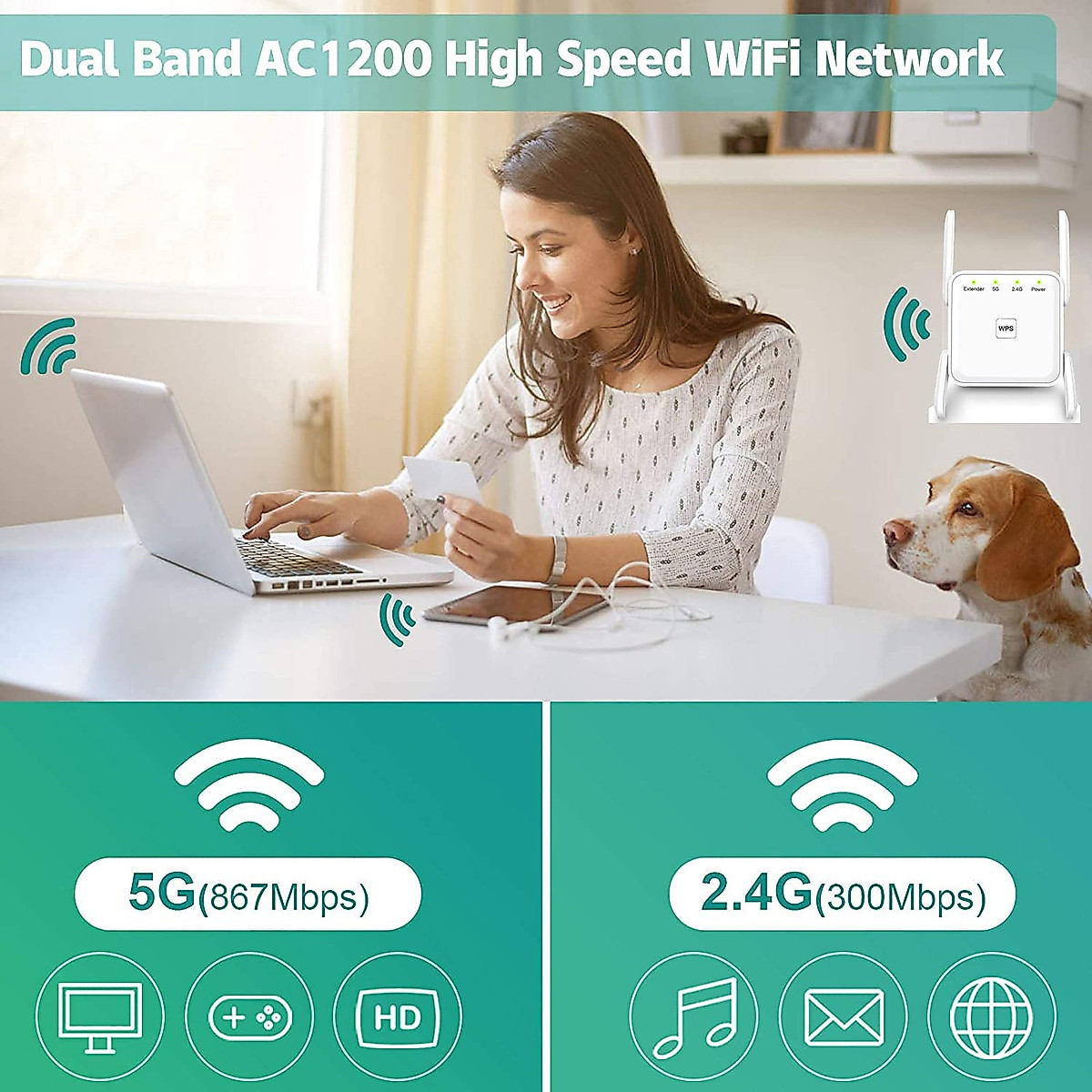 WiFi Range Extender, 1200Mbps WiFi Range Extender Wireless Signal Repeater Booster, Dual Band 2.4G and 5G Expander, 4 Antennas 360° Full Coverage, Extend WiFi Signal to Smart Home Devices（1200M）
