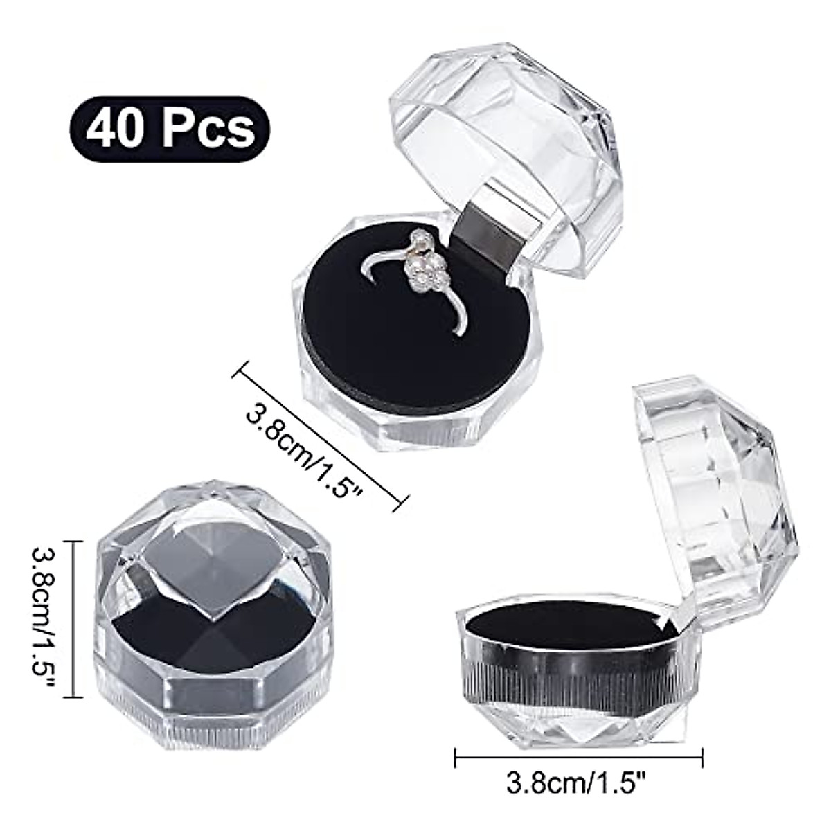 CHGCRAFT 40Pcs Black Clear Plastic Ring Boxes Crystal Earrings Jewelry Storage Boxes Display Organizer Case with Foam Insert for Wedding Proposal Valentine's Day, 1.5×1.5 Inch