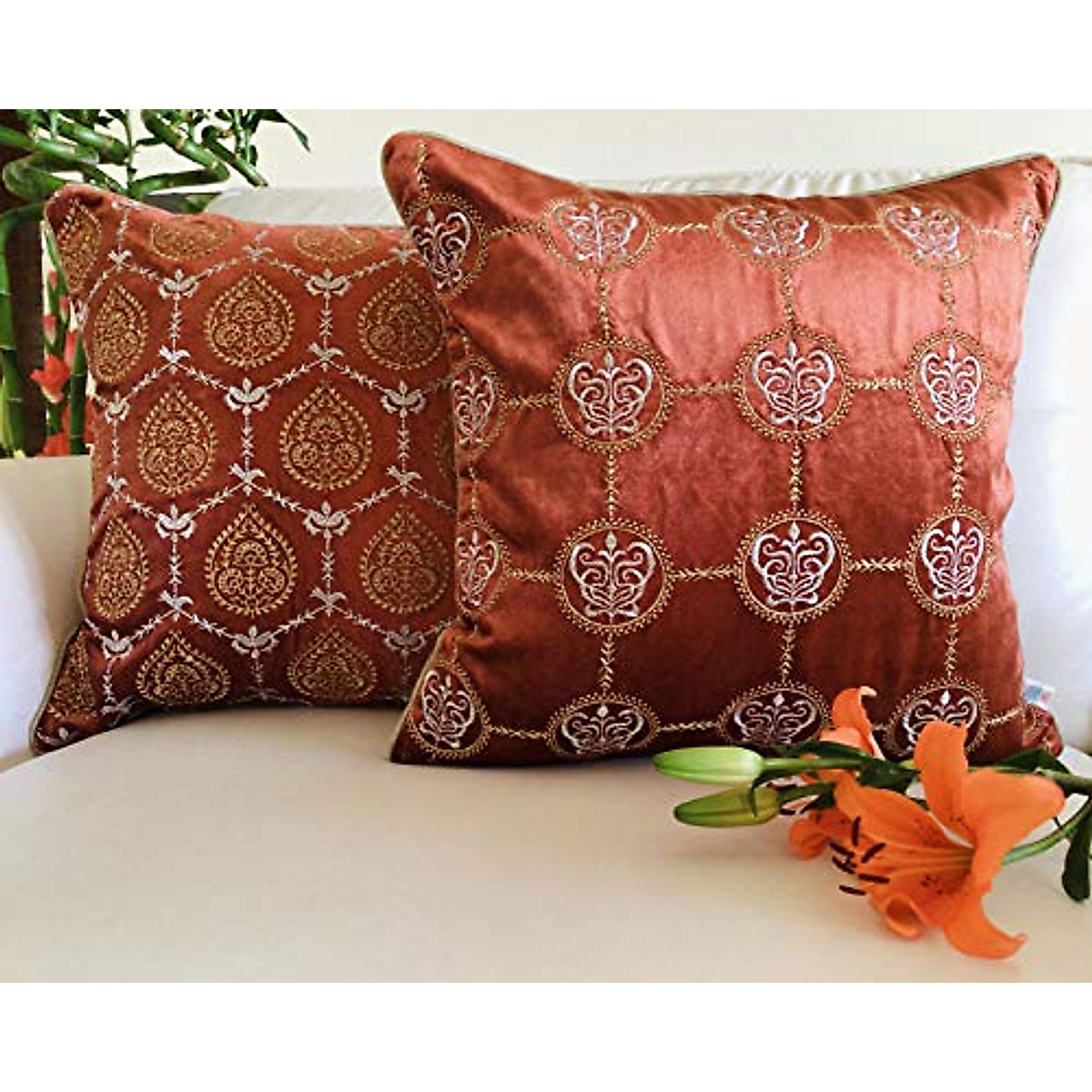 TARA- Sparkling Homes 18 x 18 inches Velvet Zari Embroidered Luxury Decorative Throw Pillow Cover 'Cleopatra' from The Royal Collection for Couch Living Room (Burnt Orange, 18 x 18 Inches)