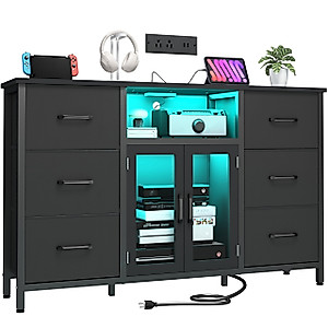 FFBCFDK Dresser,Black Dresser for Bedroom Dresser TV Stand with Charging Station for 60" TV Long 6 Drawer Dresser for Bedroom with LED Light Large Fabric Dresser Organizer Unit Tall Chest of Drawers