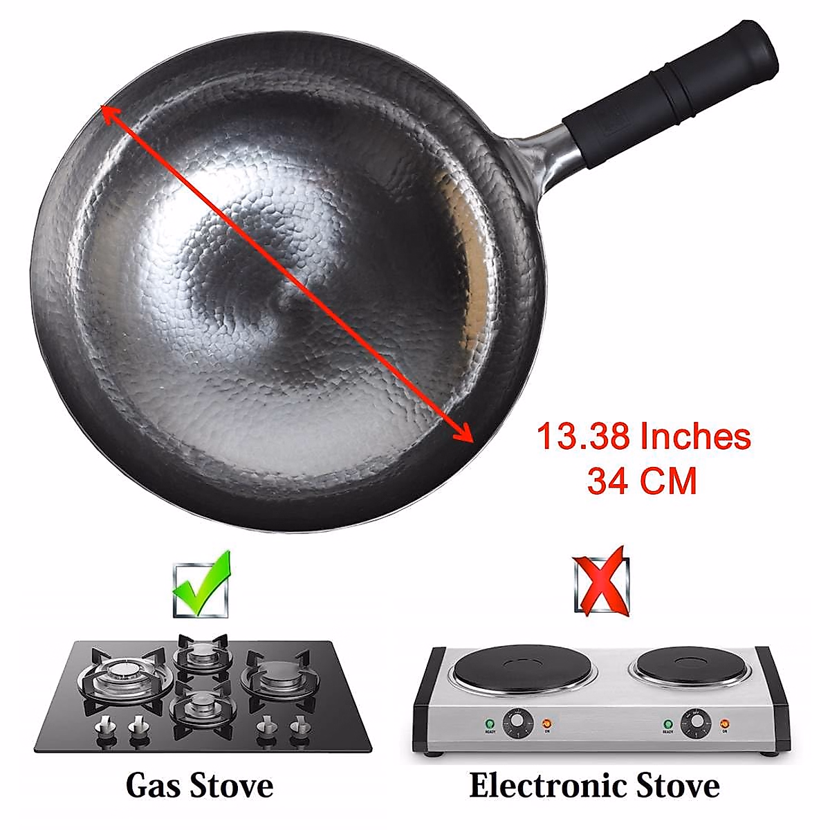 Mecete Wok Pan Nonstick Chinese Hand Hammered Woks and Stir Fry Pans Non-stick Carbon Steel Wok Utensils No Coating(13.3 Inch, Round Bottom) 1.8 mm thickness