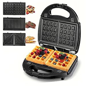 5-in-1 Belgian Waffle Maker, 750W Power Sandwich Maker, Non Stick Panini Press Grill, 2-Slice Compact Toaster, Electric Grilled Cheese Maker, 3 Detachable Plates, LED Indicator Lights, Suitable for Breakfast & Snacks
