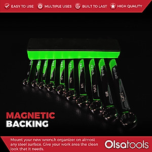 Olsa Tools Magnetic Wrench Holder Organizer (Green) Polypropylene | Fits SAE 3/8" Thru 15/16" & Metric 10mm Thru 19mm | Professional Grade