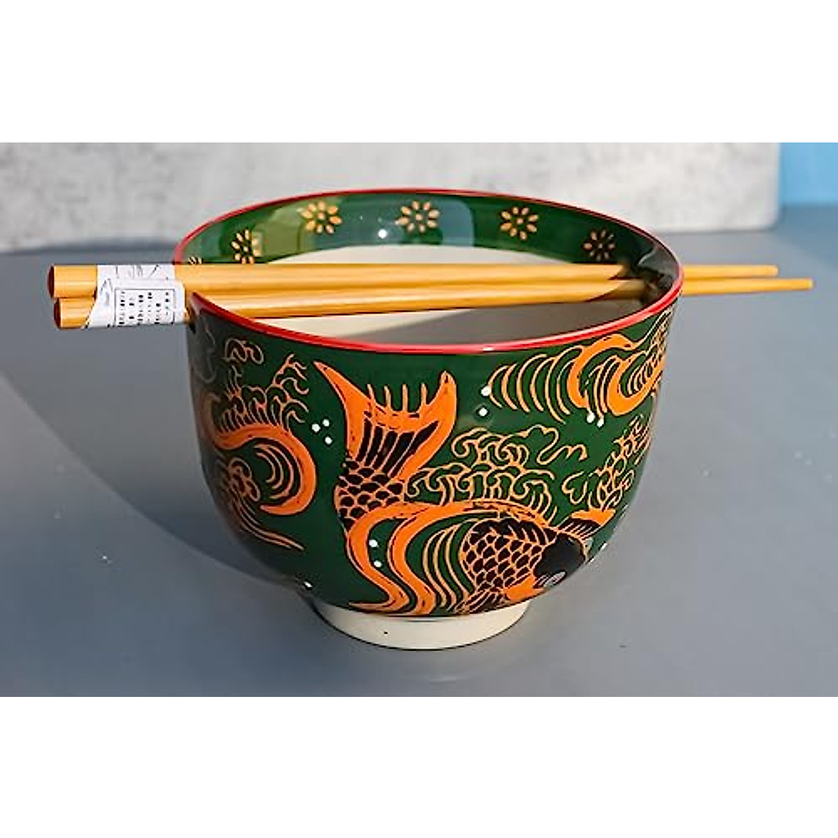 Ebros Gift Colorful Green And Yellow River Koi Fishes With Crystals Ramen Udong Noodles Bowl With Built In Chopsticks Rest and Bamboo Chopstick Set for Kitchen Dining Soup Rice Meal Bowls (1)