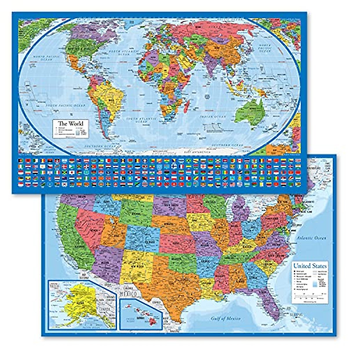 2 Pack - Laminated World Map Poster & USA Map Set - Equal Earth world map design shows continents at true relative size - US Map 18” x 29”