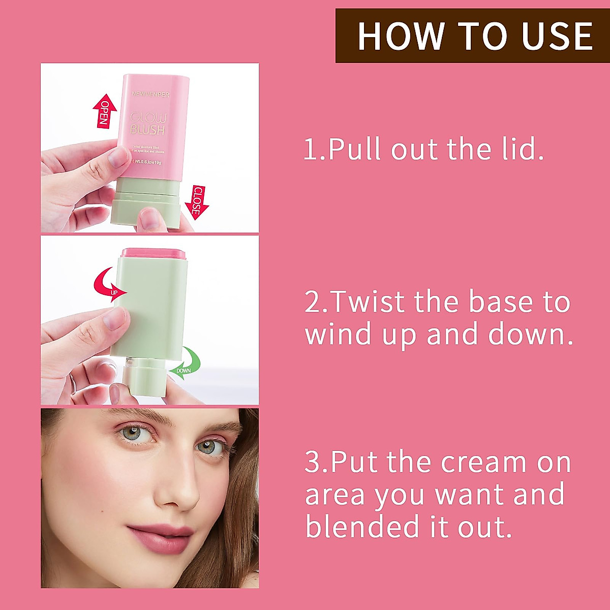 Waterproof Cream Blush for Cheek, Eyes and Lip Long Lasting & Smooth Creamy Formula Lightweight Blush Stick Blush Wand 01#