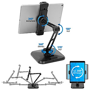 Mount-It! Adjustable iPad Wall and Counter Mount [Fits Screens 4.7" to 12.9"] 360 Degree Full Motion Rotation and Swivel Desktop Tablet and Phone Stand, Large Base, Holder Cabinet (Black)