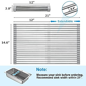 CSUNNUFA Roll Up Dish Drying Rack, 12"-21" Expandable Over The Sink Dish Drying Rack Sink Dish Drainer, Portable Stainless Steel Rolling Drying Rack for Kitchen Sink (21"x14.6", Grey)