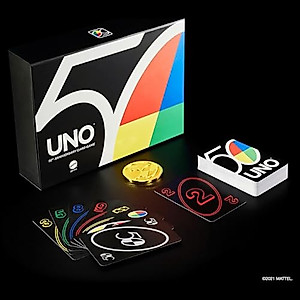 Mattel Games UNO Premium 50th Anniversary Edition Matching Card Game Featuring Commemorative Coin & 112 Cards, Game Night, Kids & Collectors Gift Ages 7 Years & Older.