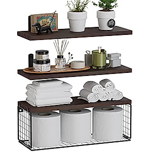 WOPITUES Floating Shelves Wall Mounted, Rustic Wood Bathroom Shelves Over Toilet with Paper Storage Basket, Farmhouse Floating Shelf for Wall Decor, Bedroom, Living Room, Kitchen–Rustic Brown