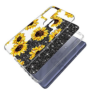 DDTKZC for Motorola G Pure Case,Moto G Pure Case, Tempered Glass Protector Lustre Pattern-Sparkle 3 in 1 Clear Shockproof Case for Moto G Pure (Yellow Sunflower)