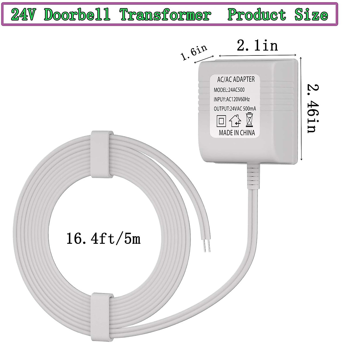 24V Doorbell Power Adapter for Video Doorbells & Thermostats Compatibility with Ring, Nest Hello, Wyze, Eufy, Ecobee, Sensi, Honeywell, and More Long 16.4FT C Wire Power Supply（White）