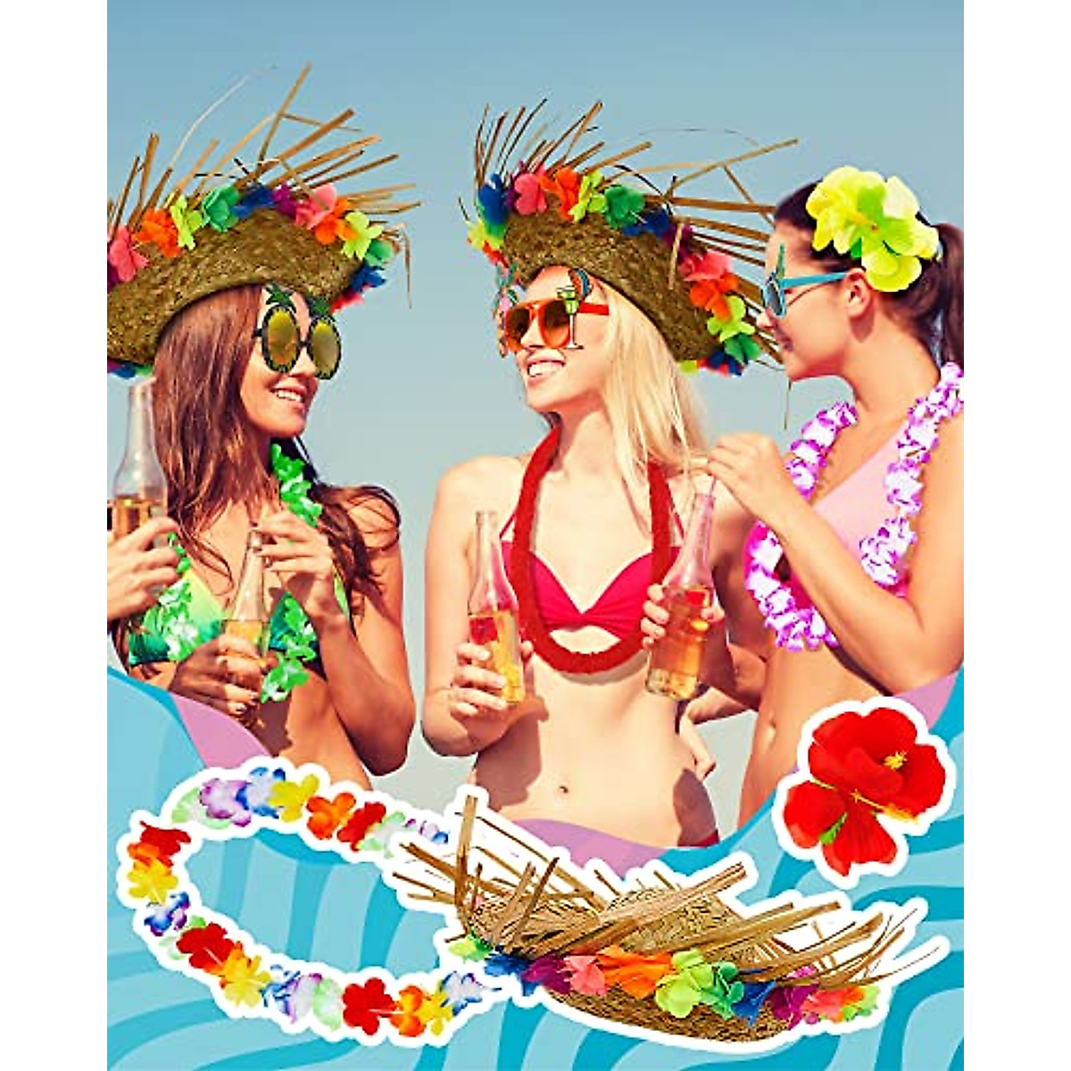 SATINIOR 84 Pieces Hawaiian Luau Party Accessories Hawaiian Leis Bulk Beachcomber Straw Hat Luau Party Sunglasses Tropical Flower Hair Clips and Plastic Leis Set for Summer Beach Costume Supplies