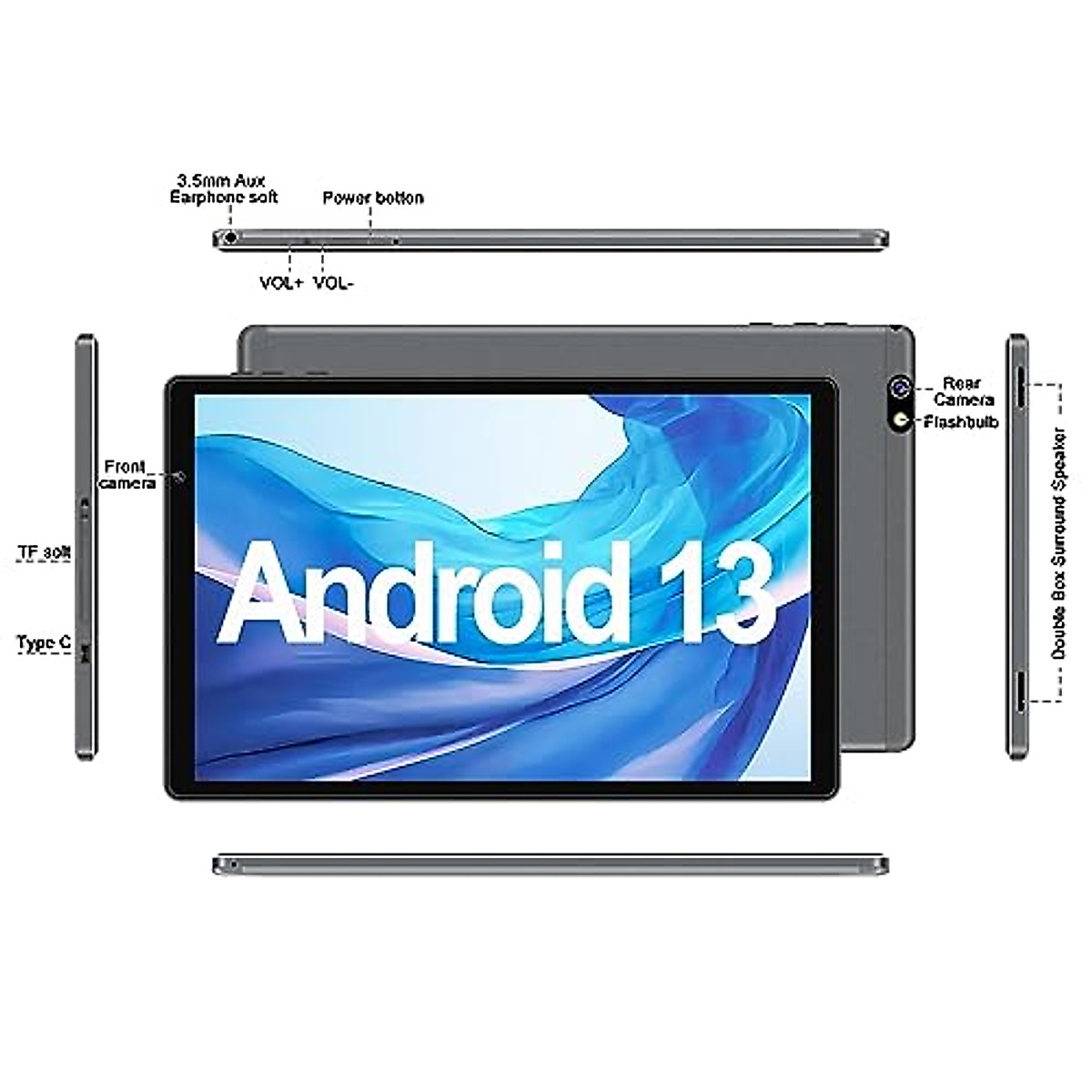 Tablet 10 inch Android 13 Tablets with 14GB RAM 128GB ROM, Octa-Core 2.0 GHz, 8000mAh Battery, 5G WiFi, Bluetooth 5.0, HD IPS Touchscreen, 5+8MP Camera Tablet with Keyboard Mouse Case, Gifts Grey
