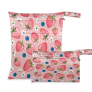 Kigai 2pcs Wet Dry Bags for Baby Cloth Diapers Strawberry Pattern Waterproof Reusable Wet Bag with Two Zippered Pockets Swimsuits & Wet Clothes Organizer for Travel Beach Pool Daycare Yoga Gym