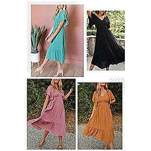 Kranda Women Short Flutter Sleeve V Neck Smocked Solid Pleat Midi Dress Pumkin Spice M
