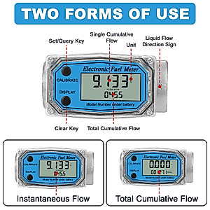 UwinVwin 1" 2.6-26 GPM Inline NPT Thread Flowmeter, Digital Turbine Fuel Flow Meter, for Water, Diesel, Gas Oil, Gasoline, and Other Liquids - Supports Gallon, QTS, PTS, L, m³ with 3/4 in Adapters