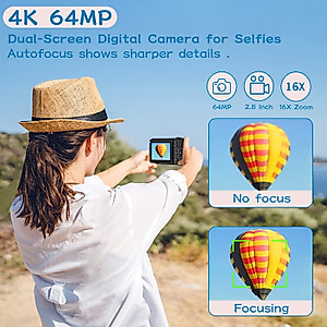 Digital Camera with WiFi 4K 64MP Vlogging Camera for Photography with Dual Screens Point and Shoot Camera with 32GB SD Card, 16X Zoom Compact Camera for Beginners-Blue3